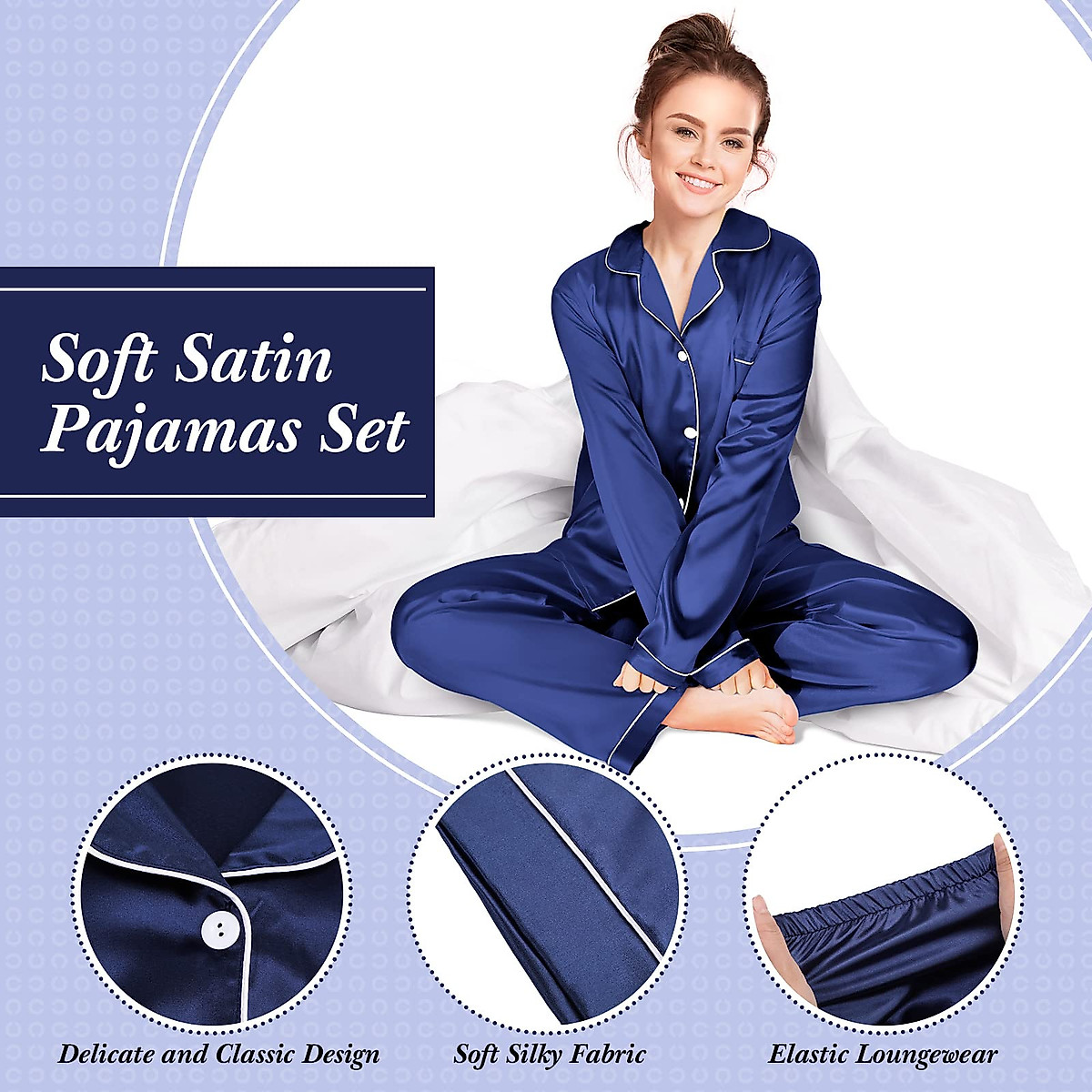 Unittype Women Silk Pajama Set Long Sleeve Silk Sleepwear Satin 2 Pcs Classic Button Down Pajamas for Bride Wedding Party (Blue,M)