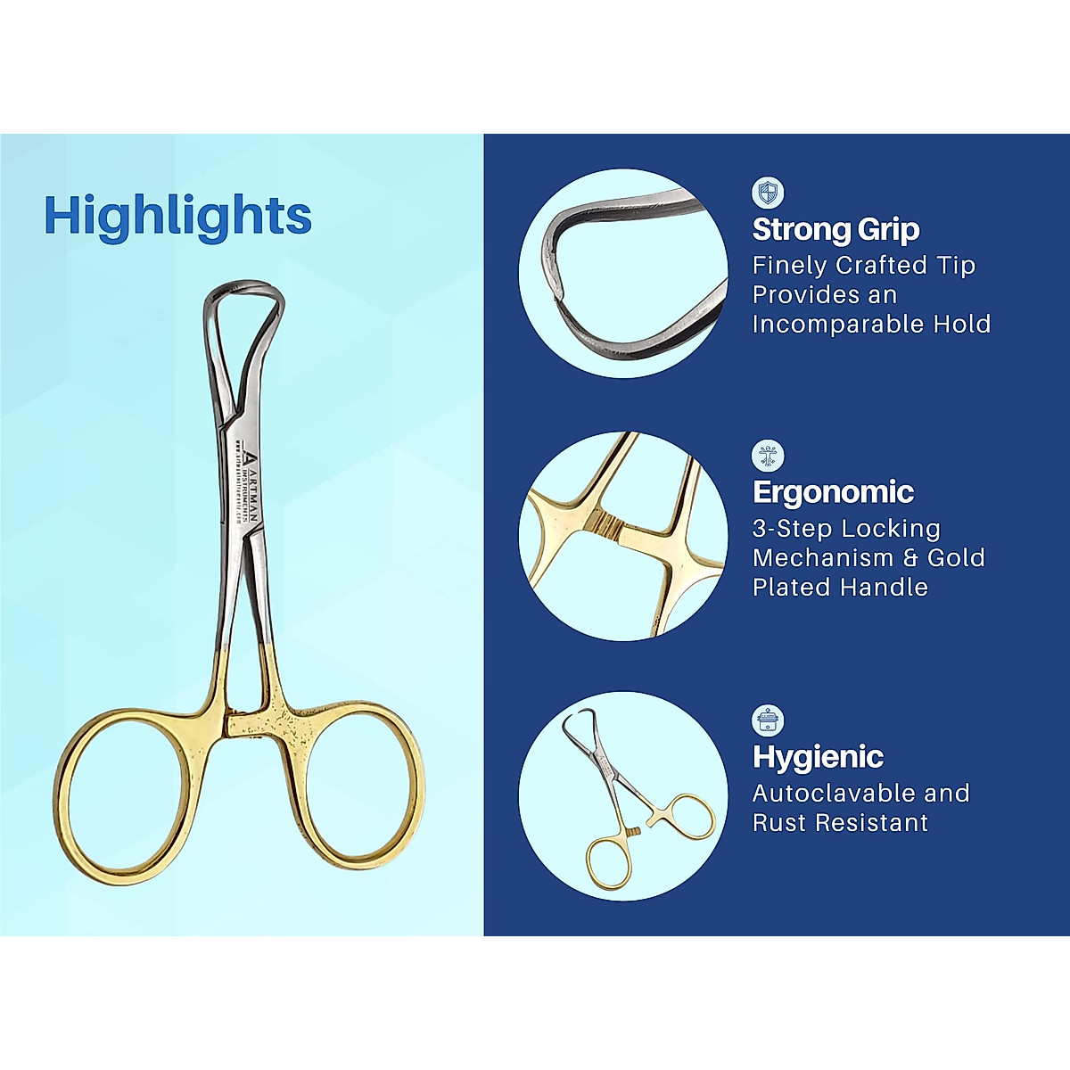 Towel Clamp Backhaus Forceps Gold Plated 3.5" Medical Surgical Instrument ARTMAN Set of Three (3)