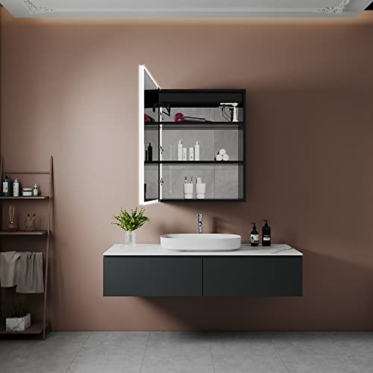 tunuo Black Medicine Cabinets for Bathroom with Mirror, 24”W x 30”H Surface Wall Mounted LED Medicine Cabinet with Lights, Defogger, Dimmer, Outlets & USB, Single Door