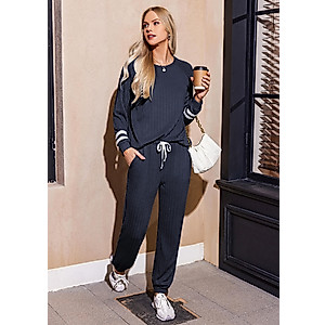 Ekouaer Lounge Sets for Women Ribbed Knit Outfits Pajamas Sets 2 Piece Long Sleeve Sweatsuits with Pockets Blue XL