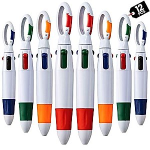 Retractable Shuttle Pens with Carabiner Clip - Pack of 12 Bulk Mini 4-in-1 Multi-Colored Ink Ballpoint Pens with Keychain for Adults, Kids, Nurses, School, Stocking Stuffer Gifts, Party Favors