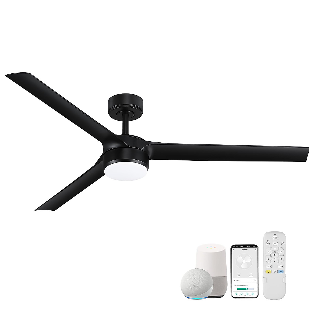 cumilo 60” Large Smart Ceiling Fans with LED Lights Remote,Indoor Outdoor Black Ceiling Fan Controlled by WIFI Alexa App,Quiet DC Motor,6-speed,Dimmable,Modern 3 Blades for Bedroom Living Room Patio