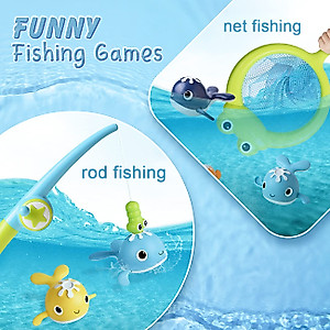 Bessentials Magnet Baby Bath Fishing Toys - Wind-up Swimming Whales Bathtub Toy Fishing Game, Water Tub Toys Set with Fishing Pole & Net for Toddler Kids 3 4 5 6 Years Old