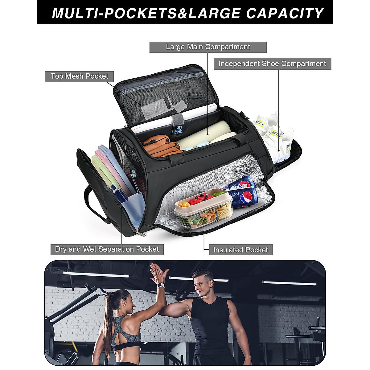 LOKASS Gym Bag for Men/Women-Duffle Sports Bag with Shoe Compartment, Carry On Weekender/Overnight Bag, Waterproof Gym Backpack Travel Bag for Camping (Black，Large)