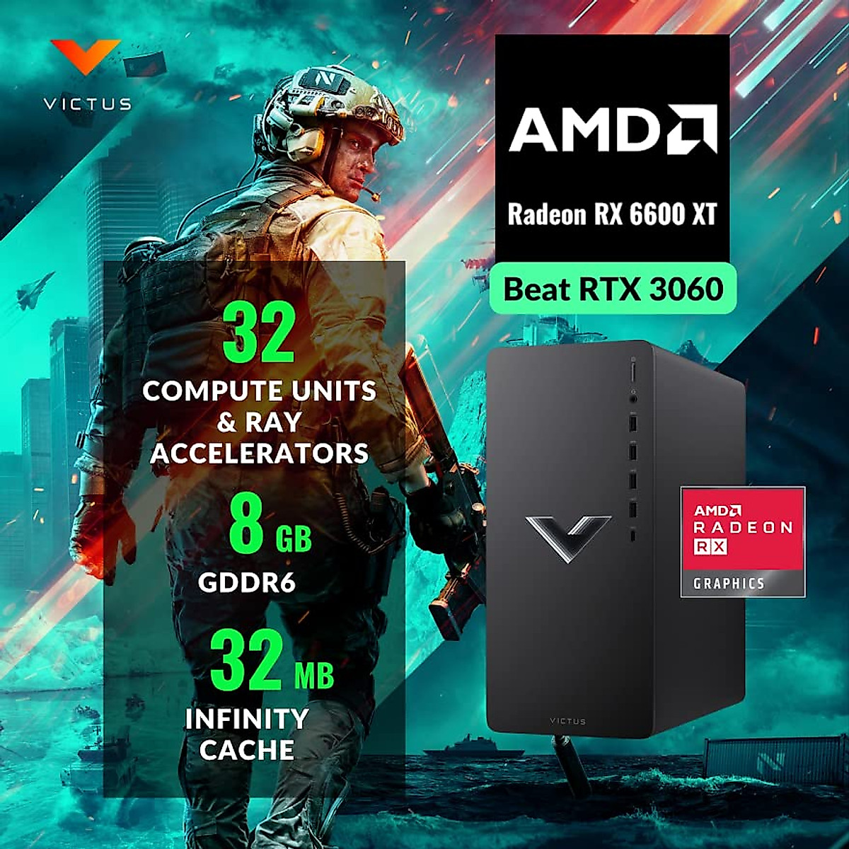 HP 15L Victus Gaming PC, AMD Ryzen 7 5700G(Beat i9-10920X,4.6 Ghz), 32GB RAM - 512GB PCIe SSD, Radeon RX 6600XT(Beat RTX 3060), Prebuilt Gaming PC Bundle, Wifi 6, 3 DisplayPort, Windows 11 Home, Black