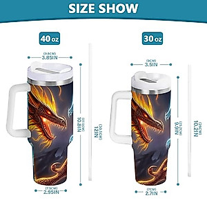 ODAWA Double Insulated Tumbler Large with Handle and Straw Lid, Fiery Dragon Icy Dragon Fall Insulated Tumbler