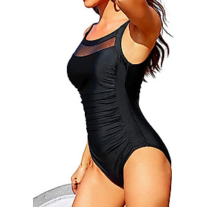 Tempt Me Women One Piece Mesh Swimsuits Tummy Control Swimwear Black M