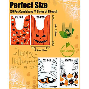 KOCOVIMI 100Pcs Halloween Trick or Treat Bags, 4 Style Patented Appearance Halloween Candy Bags for Kids, Cute Rabbit Ear Halloween Treat Bags Goody Bags Cookie Bags for Halloween Party