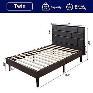subrtex Twin Bed Frame with Headboard,Upholstered Faux Leather Mattress Foundation Platform with Solid Wood Slat Support,No Box Spring Needed,Noise-Free,and Easy Assembly Black