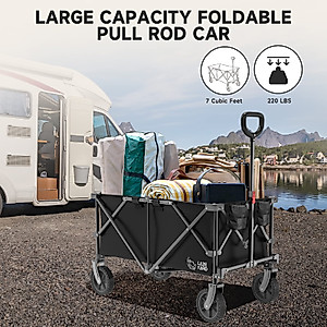LAZEYARD Collapsible Wagon Cart,Foldable Heavy-duty Wagon Cart with Universal Wheels and Adjustable Handle,220lbs Capacity Folding Garden Utility Wagon with 2 Drinking Holders for Outdoor Shopping