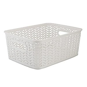 Simplify Small Herringbone Bin | Storage Tote Basket | Organizer | Decorative | Good for Closets | Countertops | Desks | Dressers | Accessories | Cleaning Products | Sports Equipment | Toys | White