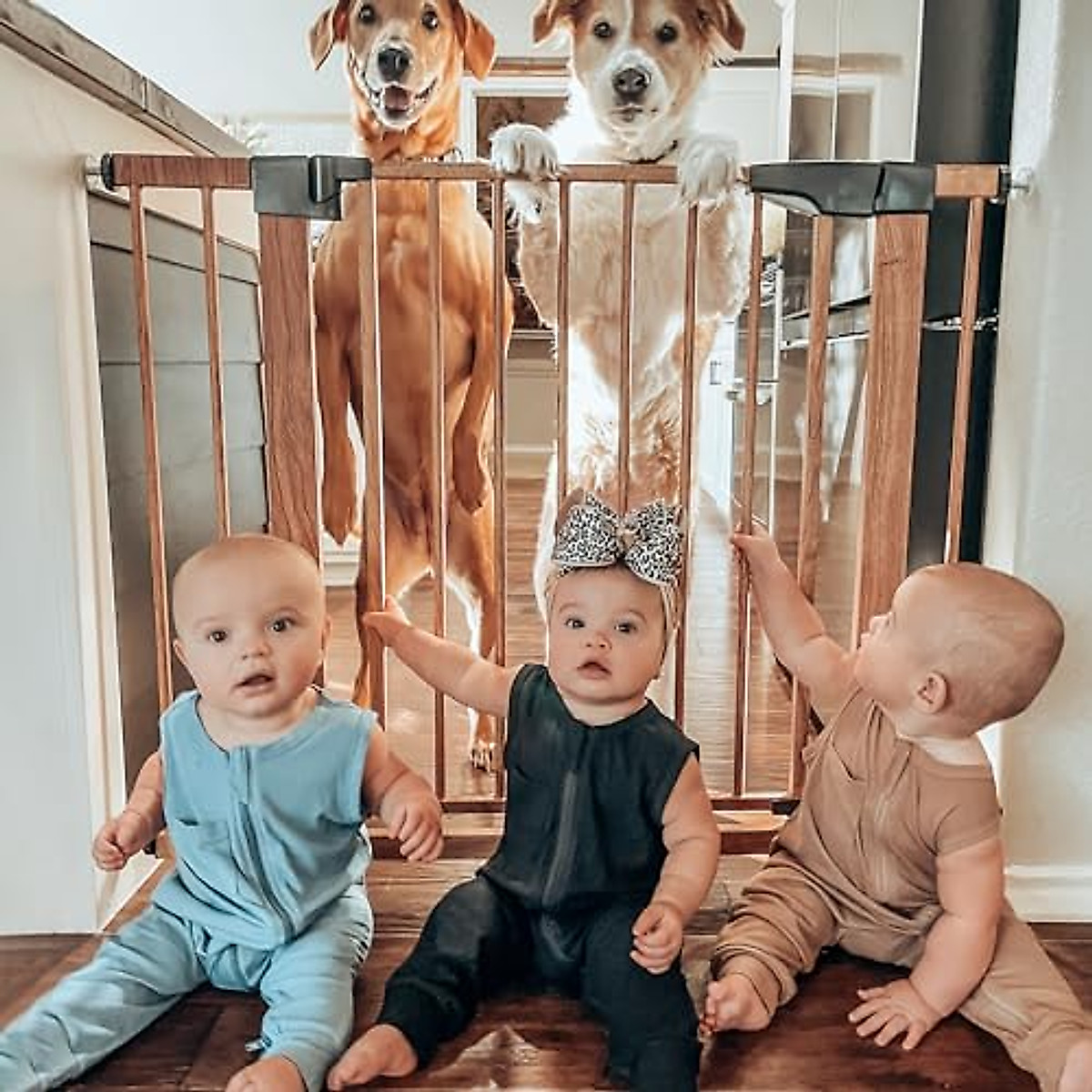 BABELIO Metal Baby Gate with Wood Pattern, 29-40" Easy Install Pressure Mounted Dog Gate, Ideal for Stairs and Doorways, with Wall Protectors and Extenders, No Tools Required