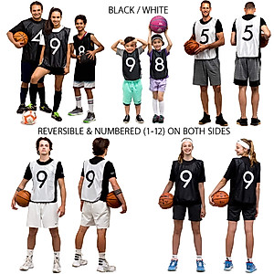 LVL10 Sports Pinnies - Reversible Numbered Practice Vest Pennies for Soccer, Basketball Scrimmages - Adults Kids (Large, 12 Pack (1-12), Black/White)