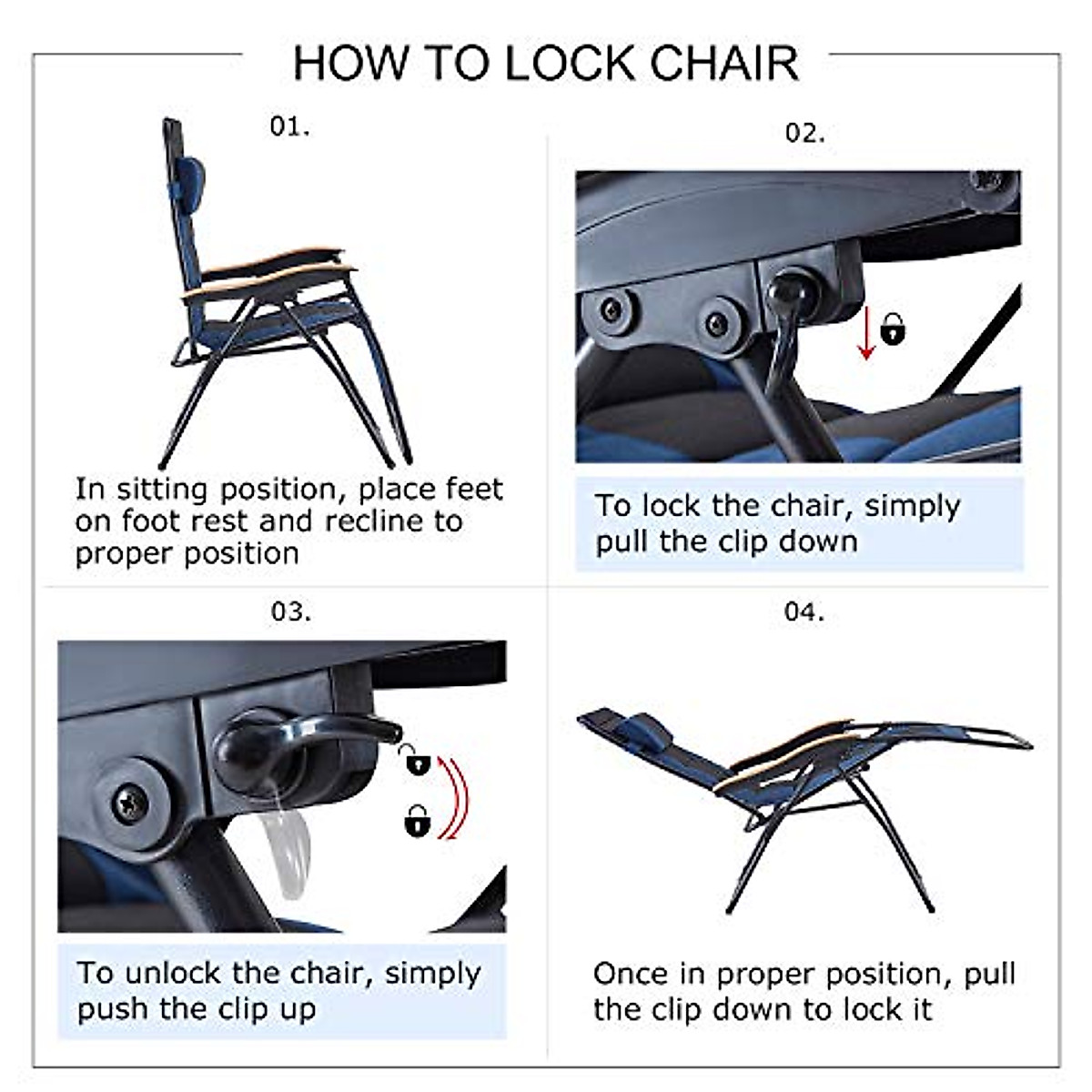 VICLLAX Oversize Padded Zero Gravity Chair Patio Lounge Chair with Cup Holder for Outdoor Beach Pool, Black&Dark Blue