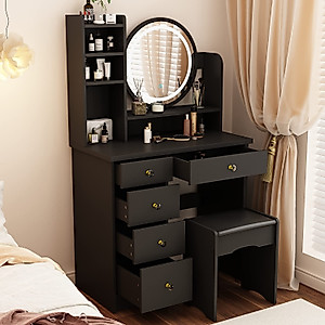 ECACAD Vanity Desk Set with LED Lighted Round Mirror, Makeup Dressing Table with 5 Drawers, Storage Shelves & Cushioned Stool for Bedroom, Black