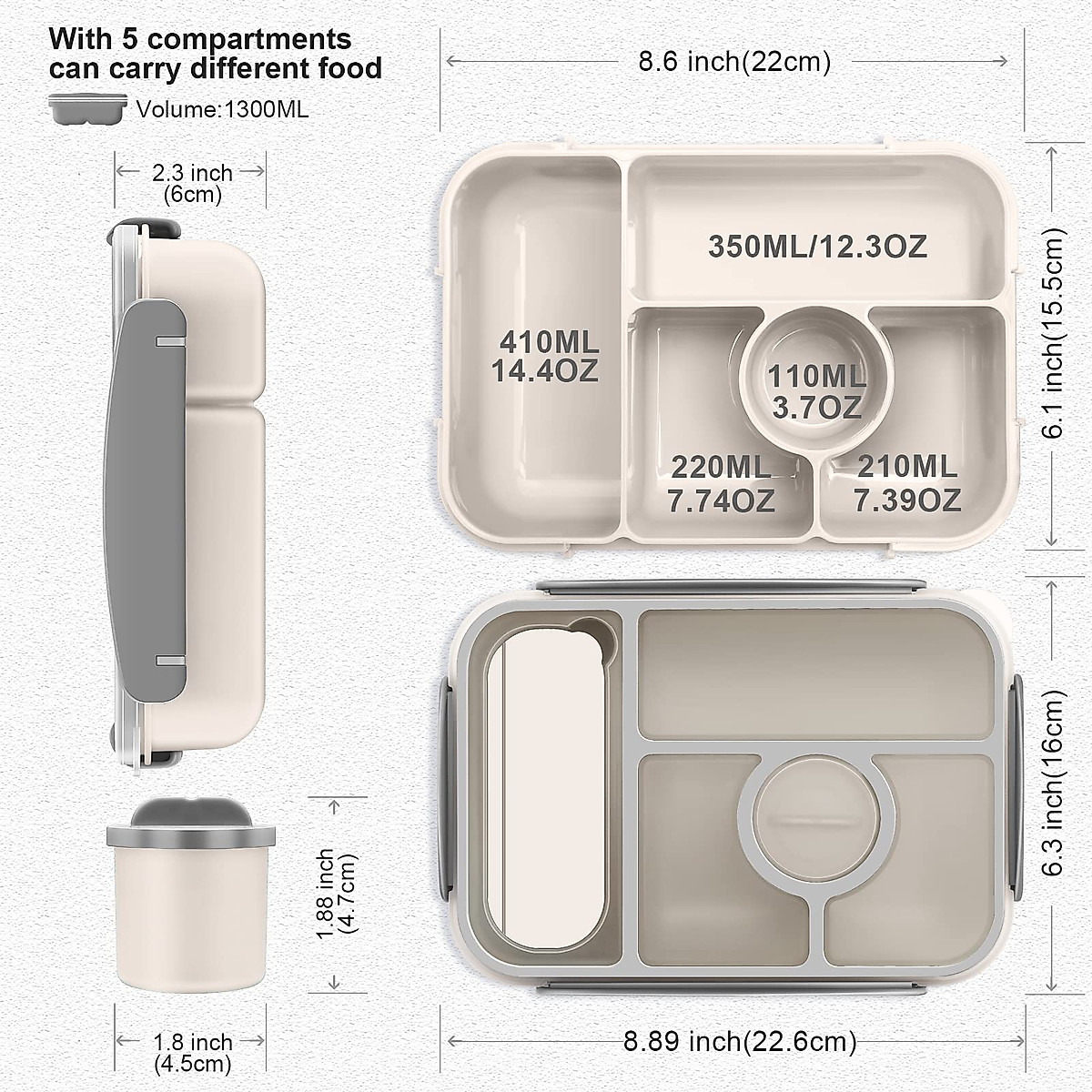 Amathley Bento box adult lunch box,lunch box kids,lunch containers for Adults/Kids/Toddler,5 Compartments bento Lunch box for kids with Sauce Vontainers,Microwave & Dishwasher & Freezer Safe(White)