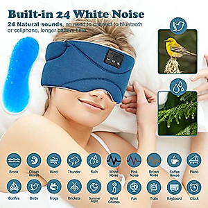 Bluetooth Sleep Mask with 24 White Noise, Ultra-Thin Speaker Cold Pack Blockout Bluetooth Eye Mask Sleep Headphones for Side Sleepers, Airplane, Travel, Cool Gadgets for Women Man (Blue)
