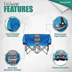 SUNNYFEEL Folding Double Camping Chair, Oversized Loveseat Chair, Heavy Duty Portable/Foldable Lawn Chair with Storage for Outside/Outdoor/Travel/Picnic, Fold Up Camp Chairs for Adults 2 People