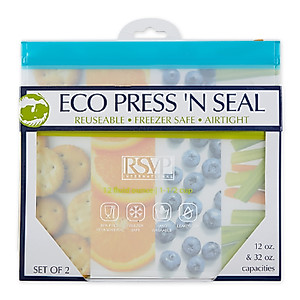 RSVP International Reusable Food Storage Collection ECO Seal Bags, Press-N-Seal, Blue/Green