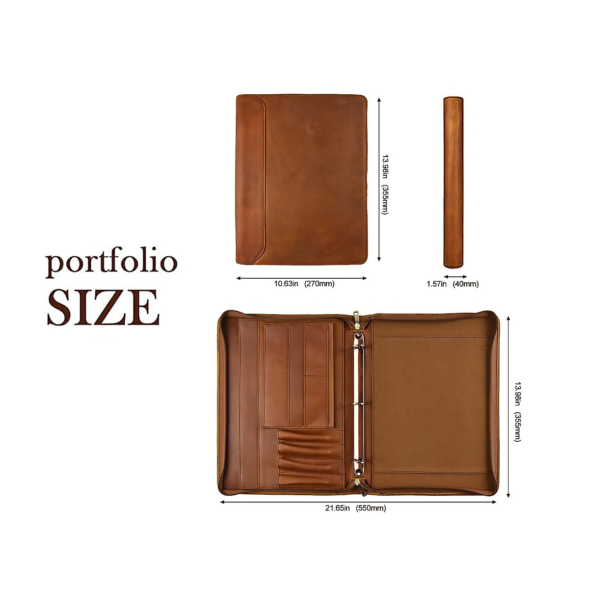 Free Name Engraved, Personalized Leather Portfolio Binder for Men, 3 Ring Binder Custom Padfolio Folder, Handmade Professional Business Organizer with Zipper, Gift for Men/Women, Customized, Brown