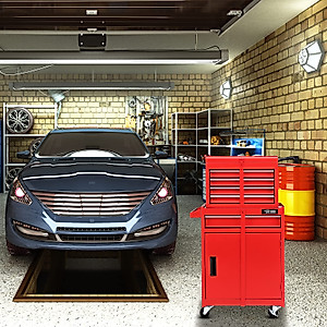 TUFFIOM 5-Drawer Rolling Tool Chest, Tool Storage Cabinet w/Drawers, Wheels, Detachable Top & Adjustable Shelf, Mechanic Tool Organizer Box for Garage, Workshop, Warehouse & Repair Shop, Red