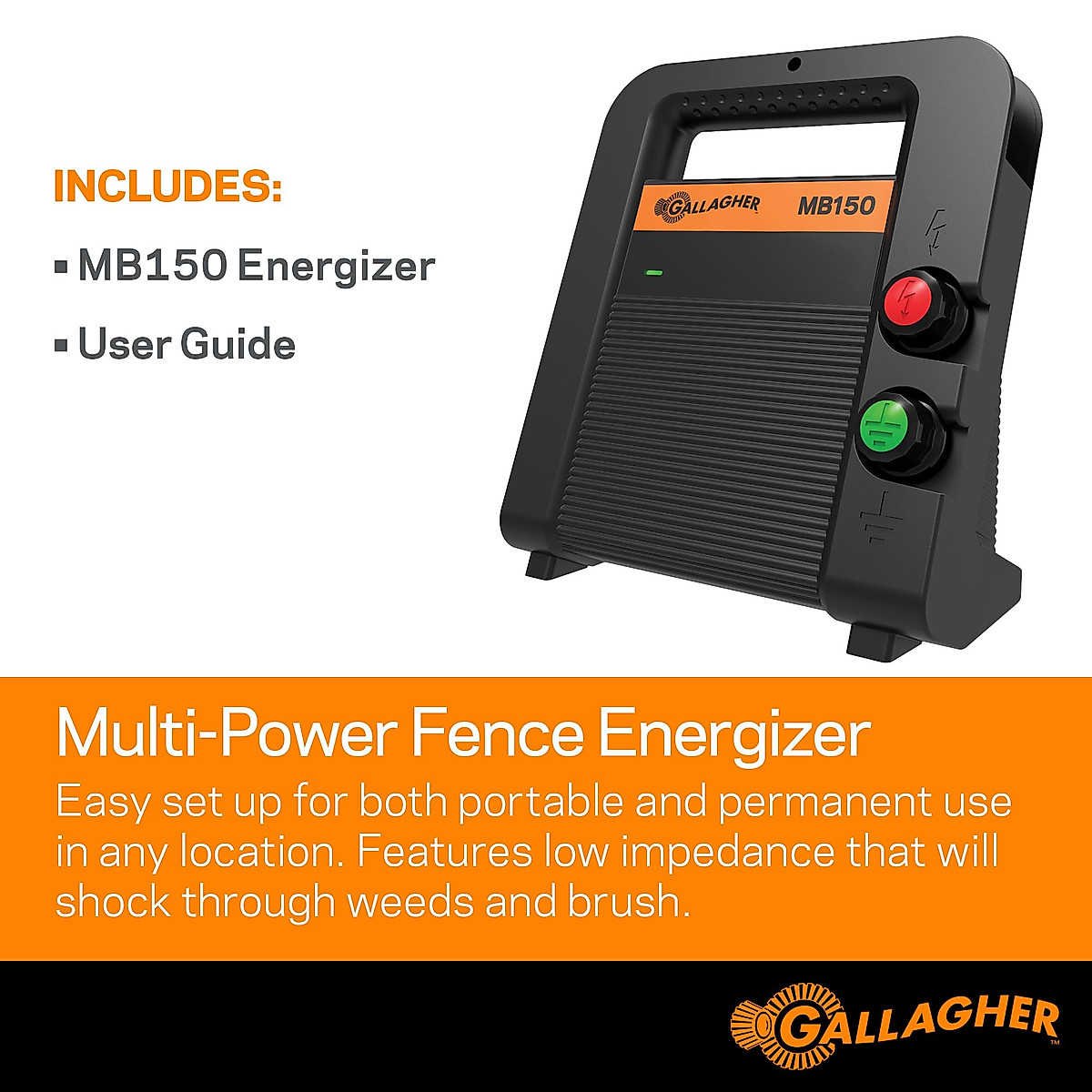 Gallagher MB150 Dual Power Electric Fence Charger | 1.5 Joule 12v Battery or 110v AC Energizer with Adaptive Energy Control | Powers Up to 30 Miles / 100 Acres | Portable and Compact
