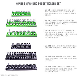 OEMTOOLS 22488 6 Pack Set Metric and SAE Magnetic Socket Tray Set, Black and Green Socket Organizers, 1/4, 3/8, 1/2 Inch Drive Socket Organizer Tray Set