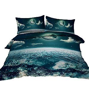 BlessLiving Modern Ocean Teal Waves Bedding 3D Moon Coastal Blue Duvet Cover Queen Size 3 Piece Watercolor Beach Bed Set Super Soft Breathable and Comfortable