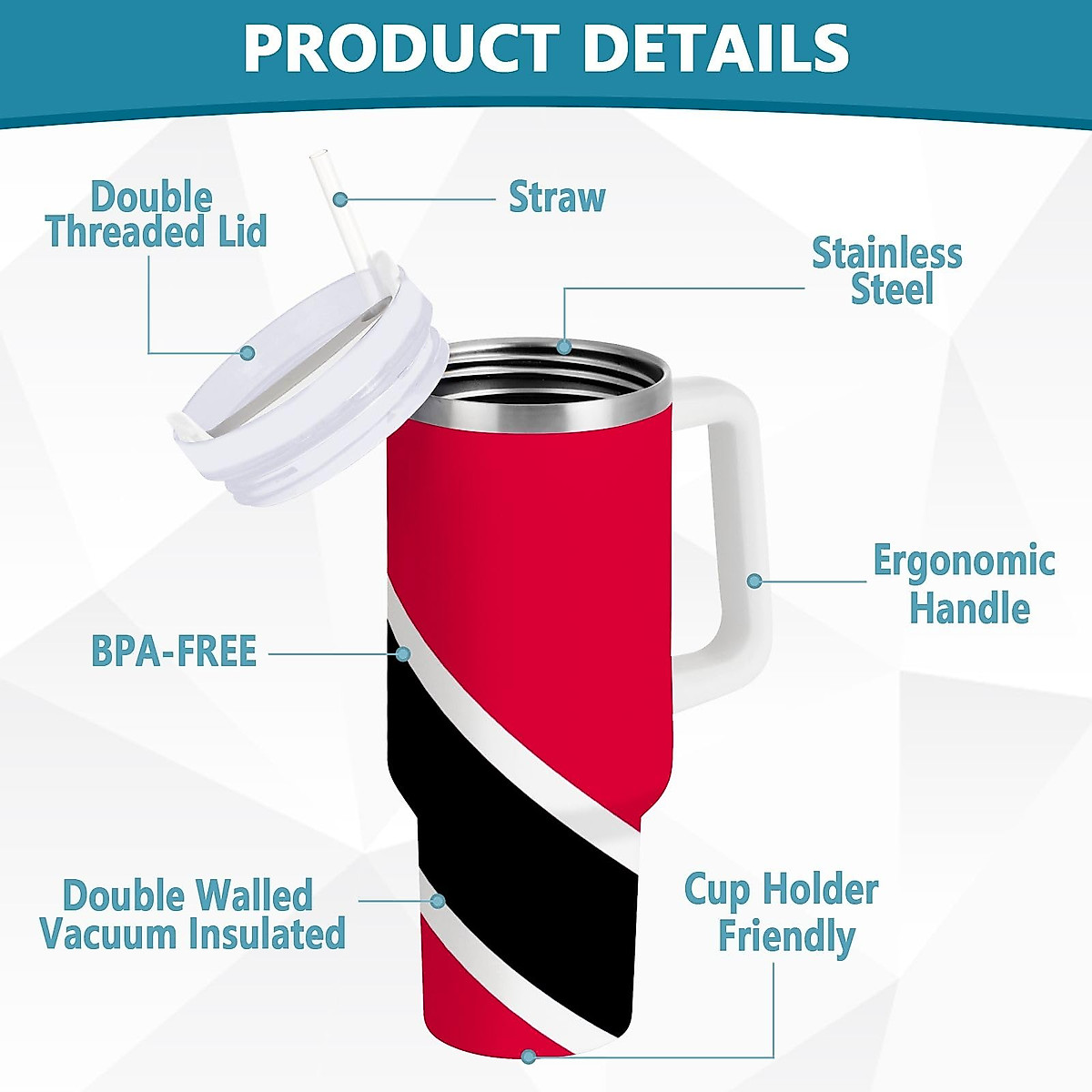 ODAWA Large Travel Insulated Tumblers with Handle and Straw Lid, Trinidad Tobago Flag Spill Proof Tumbler with Straw Stainless Steel Tumblers