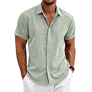 COOFANDY Men's Casual Button Down Shirts Linen Untucked Business Fitted Casual Shirt Short Sleeve Light Green