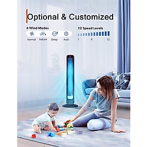 Delvit Tower Fan，90° Oscillating Fan with 12 Speeds, 4 Modes, Night Light, 12H Timer, LED Display，28db Quiet Portable Bladeless Fan Remote control for Bedroom, Living Room & Office