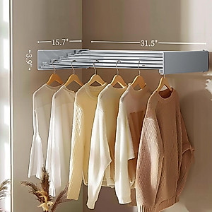 Rimyew Wall Mounted Drying Rack, Laundry Drying Rack Collapsible, Retractable Clothes Drying Rack - 31.5" Wide, 5 Aluminum Rods, 60 lb Capacity, Towel Drying Rack with Wall Template, White