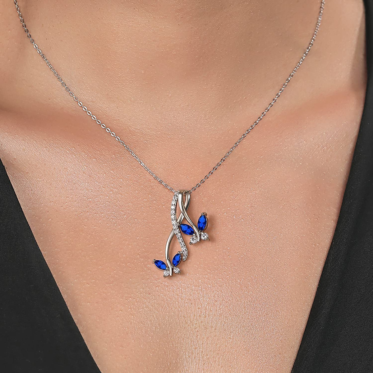 Gem Stone King 925 Sterling Silver Created Blue Sapphire Necklace | Butterfly Infinity Pendant Necklace for Women | 1.21 Ct Marquise | With 18 Inch Silver Chain