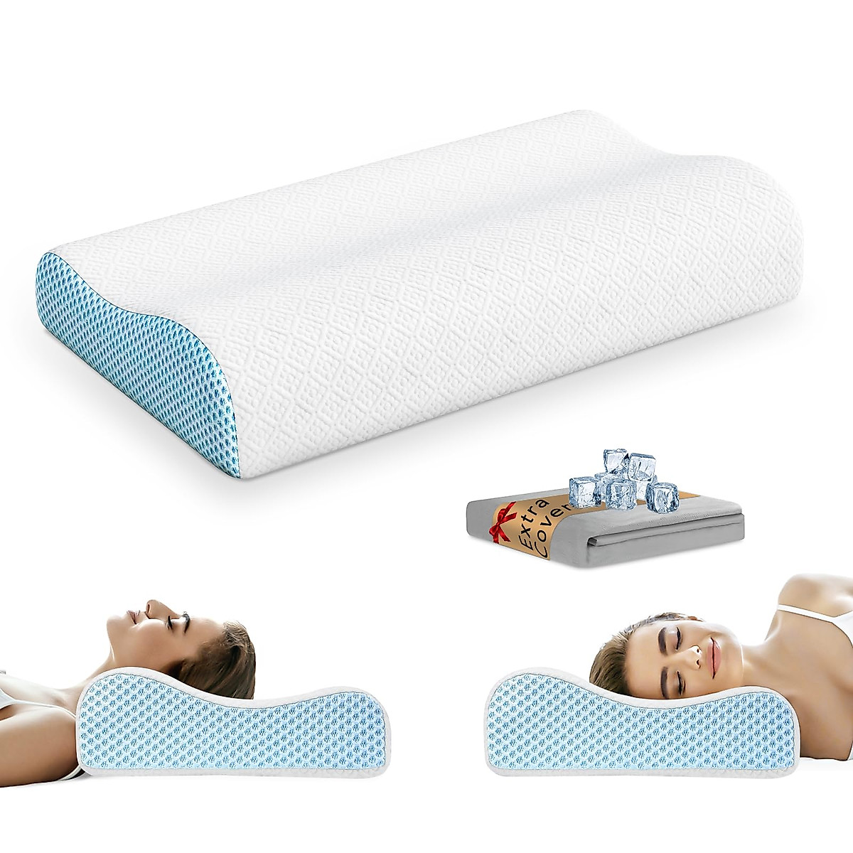 Neck Pillow Memory Foam, Neck/Shoulder Pain Relief, with Replacement Pillowcase【Cooling Ice Silk&Cotton】 Cervical Sleeping Pillow Neck Contour Support Bed Pillow for Side Back Stomach Sleeper