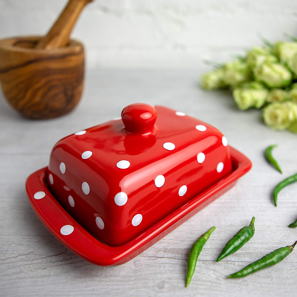 Handmade Ceramic European Covered Butter Dish With Lid | Unique Red and White Polka Dot Pottery Butter Keeper | Housewarming Gift by City to Cottage®