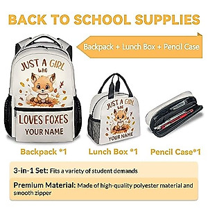 FUZZYFIT Personalized Fox Backpack with Lunch Box Set for Kids, 3 in 1 School Backpacks Matching Combo, Custom Cute Light Orange Bookbag and Pencil Case Bundle