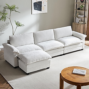 mestyl Comfy Modular Sectional Couch with Ottoman, 120" L Shaped 3 Deep Seat Fluffy Cloud Sofa, Modern Sleeper Sofas Soft Couches Set for Living Room, Apartment, Office, Studio, Chenille, Beige White