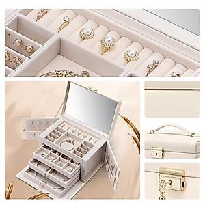 Vlando Velvet Jewelry Organizer Box for Women, Large Leather Jewelry Storage Box with Locked, Mirrored, 3 Drawer for Watch Necklace Ring Earring Storage, Gift for Girl Women and Mom - Apricot White