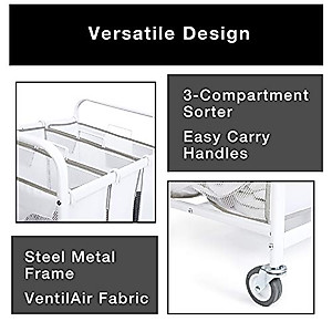 Smart Design Premium Rolling 3 Compartment Mesh Laundry Sorter Hamper w/Wheels & Handles - Steel Metal Frame - VentilAir Fabric Design - Clothes & Laundry - Home Organization (Holds 9 Loads) [White]