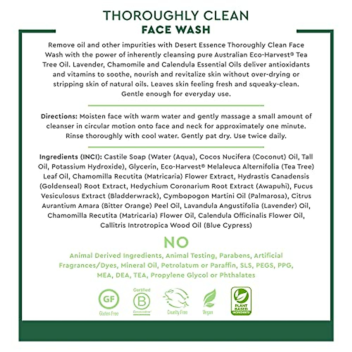 Desert Essence Thoroughly Clean Face Wash - Original - 8.5 Fl Ounce - Tea Tree Oil - For Soft Radiant Skin - Gentle Cleanser - Extracts Of Goldenseal, Awapuhi, & Chamomile Essential Oils