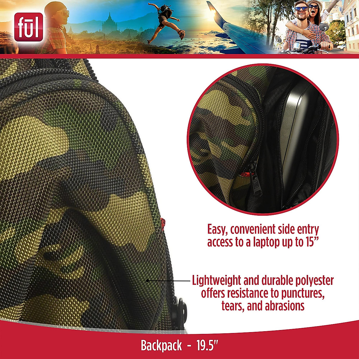 FUL Refugee Laptop Backpack, Padded Computer Bag For Commute or Travel, 1680 Denier, 15 Inch Laptop Sleeve, Black