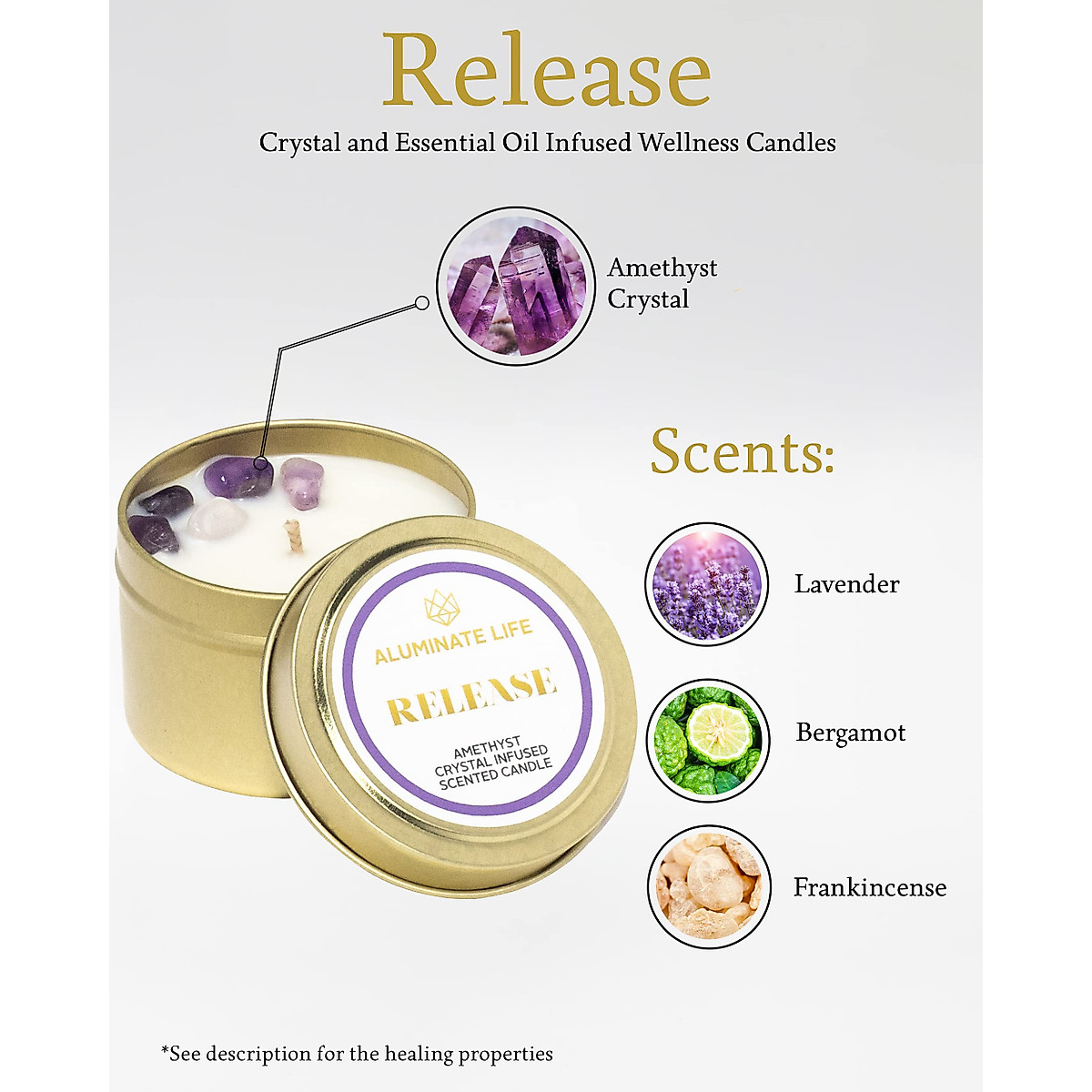 Aluminate Life Luxury Candle Tin, 4 OZ, Release - Amethyst Crystal Infused - Scents of Lavender, Bergamot, & Frankincense - Relieve, Support, & Transform - Coconut Wax, Essential Oils, Dr. Developed