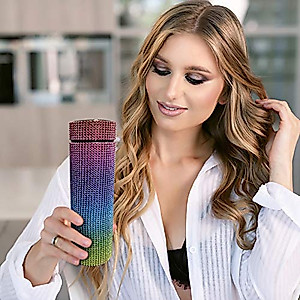 Thermos Water Bottle for Women Men Kids, Haokanba Diamond Rhinestone Thermos Cup with Temperature Display, Bling Vacuum Sparkling Insulated Water Bottle Travel Mug Stainless Steel with Lid, 17 oz (B)