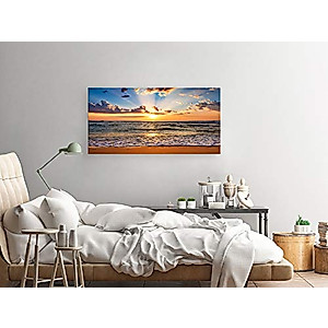 Muolunna BK1850 Wall Art Decor Large Canvas Print Picture Sunrise Ocean Beach Waves Scenery Modern Painting Artwork for Office Wall Decor Home Decoration Stretched and Framed Ready to Hang, 20x40inch x1pcs
