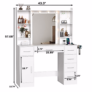 ISHARINGTIME Vanity Desk with Mirror and Lights, Makeup Vanity with Cabinet, Makeup Desk Vanity Table with 6 Drawers & Power Outlet, White Vanity 3 Lighting Modes Brightness Adjustable for Bedroom