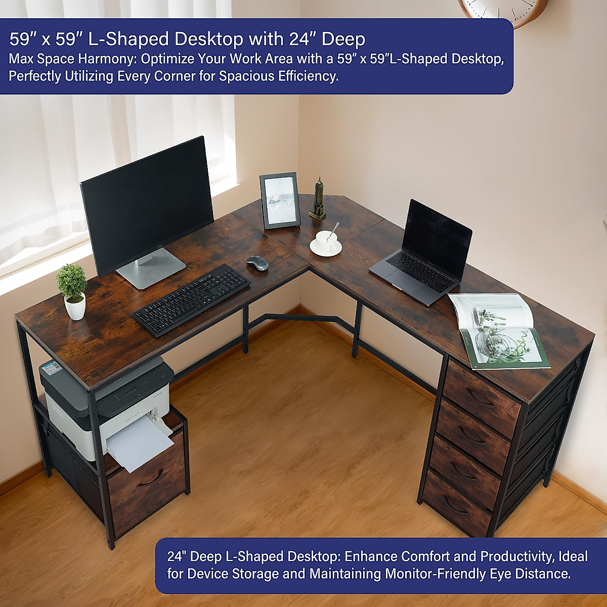 TOPSKY L-Shaped Desk Corner Computer Desk with 18.9" Depth Workstation, Cloth File Cabinet for Letter Size File Folder and 4 Cloth Storage Cabinets (Rustic Brown, 59 * 59 inch)