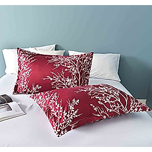 NANKO Burgundy Red Queen Duvet Cover Set White Floral Tree Branch Pattern Christmas 3pc Size 90x90 Microfiber Comforter Quilt Bedding Cover with Zip Ties - Modern Farmhouse for Men and Women Teen Girl