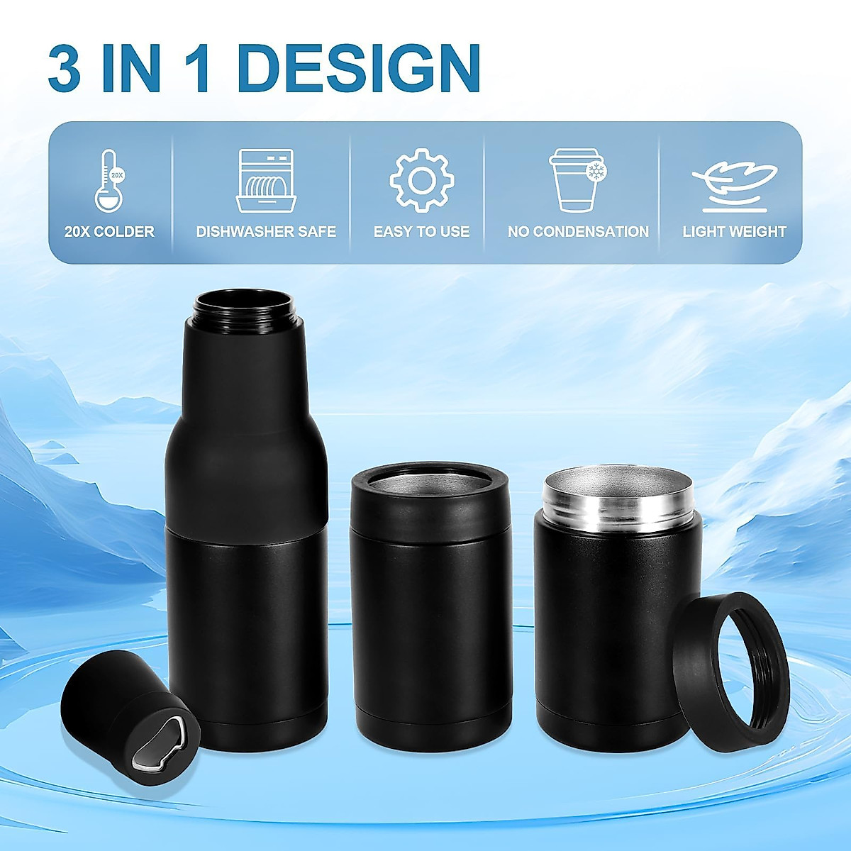 12Oz - Hgkeke Frosty Beer Holder Double Walled Stainless Steel Beer Bottle Insulator Holder Slim Can Cooler and Beer Bottle with Beer Opener Vacuum Insulated - Nice Gift for Men - Midnight Black