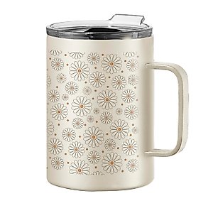 OGGI ThermoMug Stainless Steel Insulated Mug- Double Wall Vacuum Insulated w/Handle & Lid, Coffee Cup, Camping Mug, Travel Thermos, 14oz(420ml), Daisy