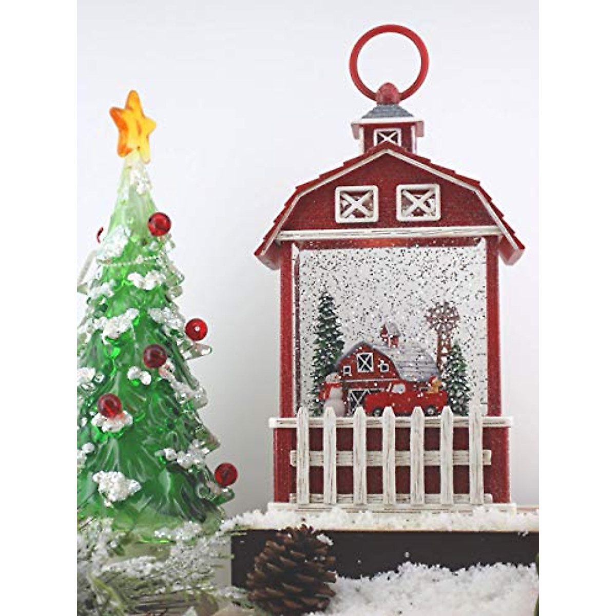Victory Creative Barn House Christmas Lighted Snow Globe Lantern 9.5" H Musical Snow Globe with Swirling Glitter Battery Operated & Timer & USB